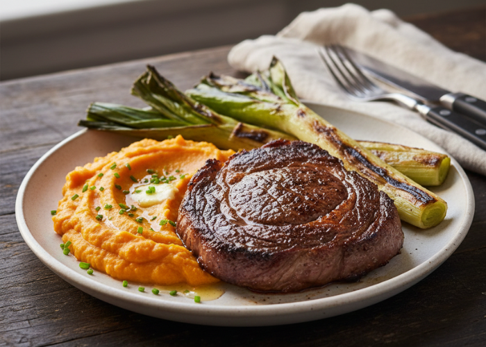 Ribeye with Anchovy Butter, Charred Leeks & Sweet Potato Mash – Sasha's ...